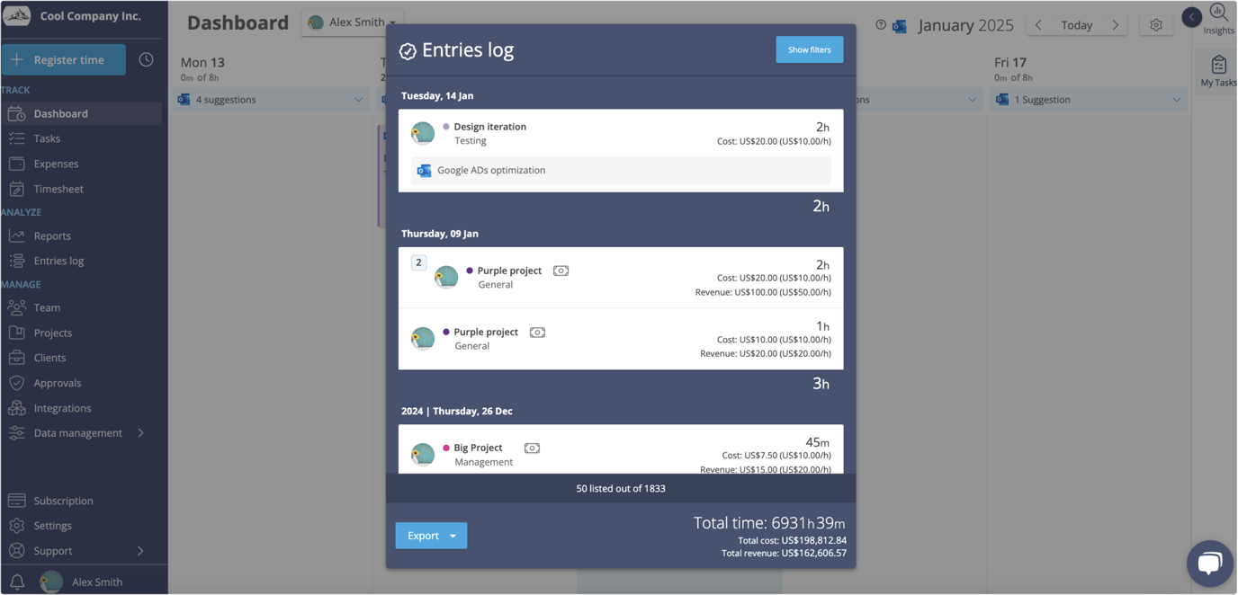 The Entries Log section: how to edit and manage time entries
