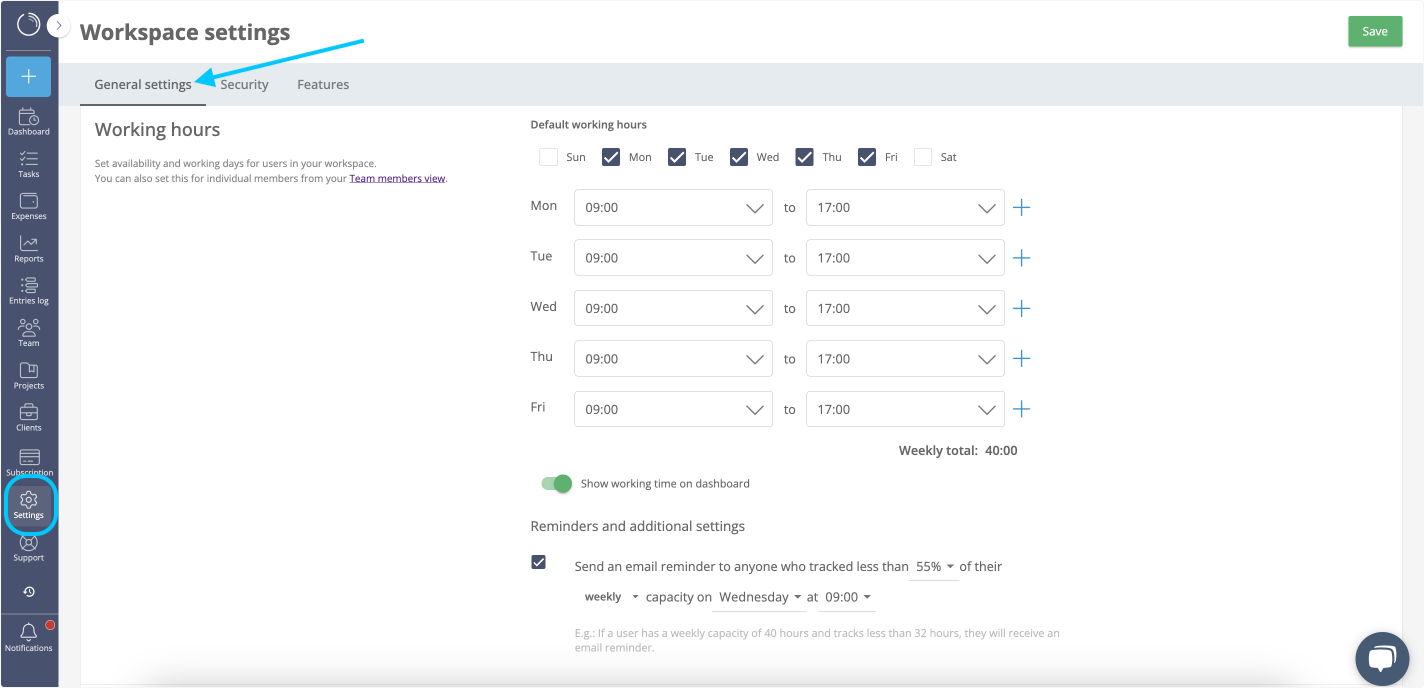 Working Hours and Time tracking Reminders